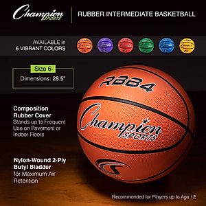 Champion Sports Rubber Intermediate Basketball, Heavy Duty - Pro-Style Basketballs, Various Sizes - Premium Basketball Equipment, Indoor Outdoor - Sports Education Supplies (Size 6, Orange)