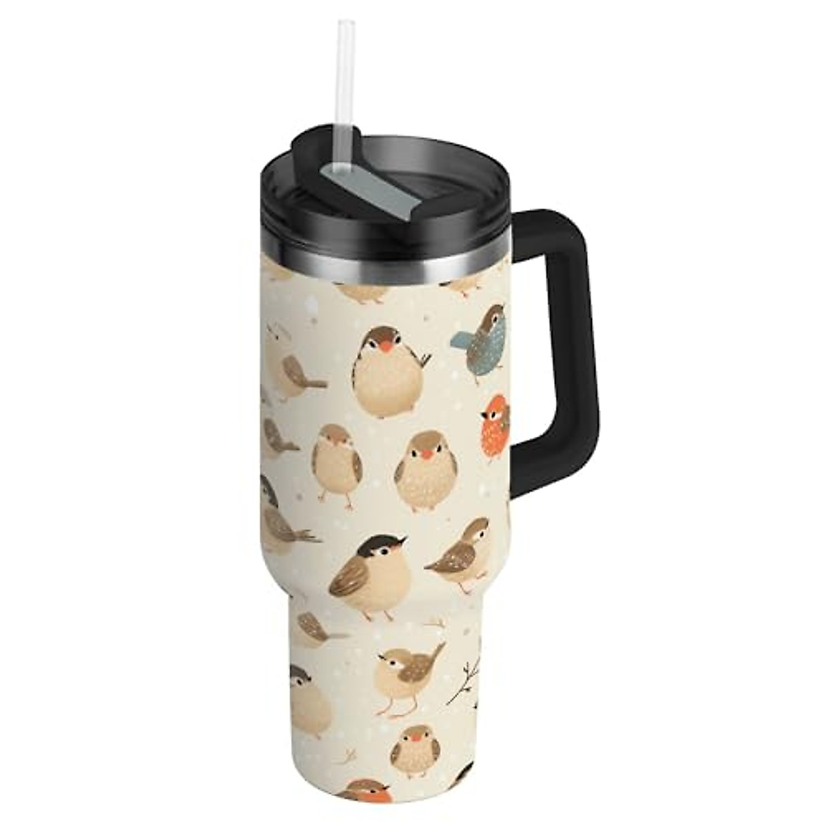 linqin Little Birds Beige Vacuum Insulated Tumbler with Straw Leak Resistant Flip 30 oz Kids Water Bottles Wide Mouth Coffee Mug Travel for Home, Office or Car