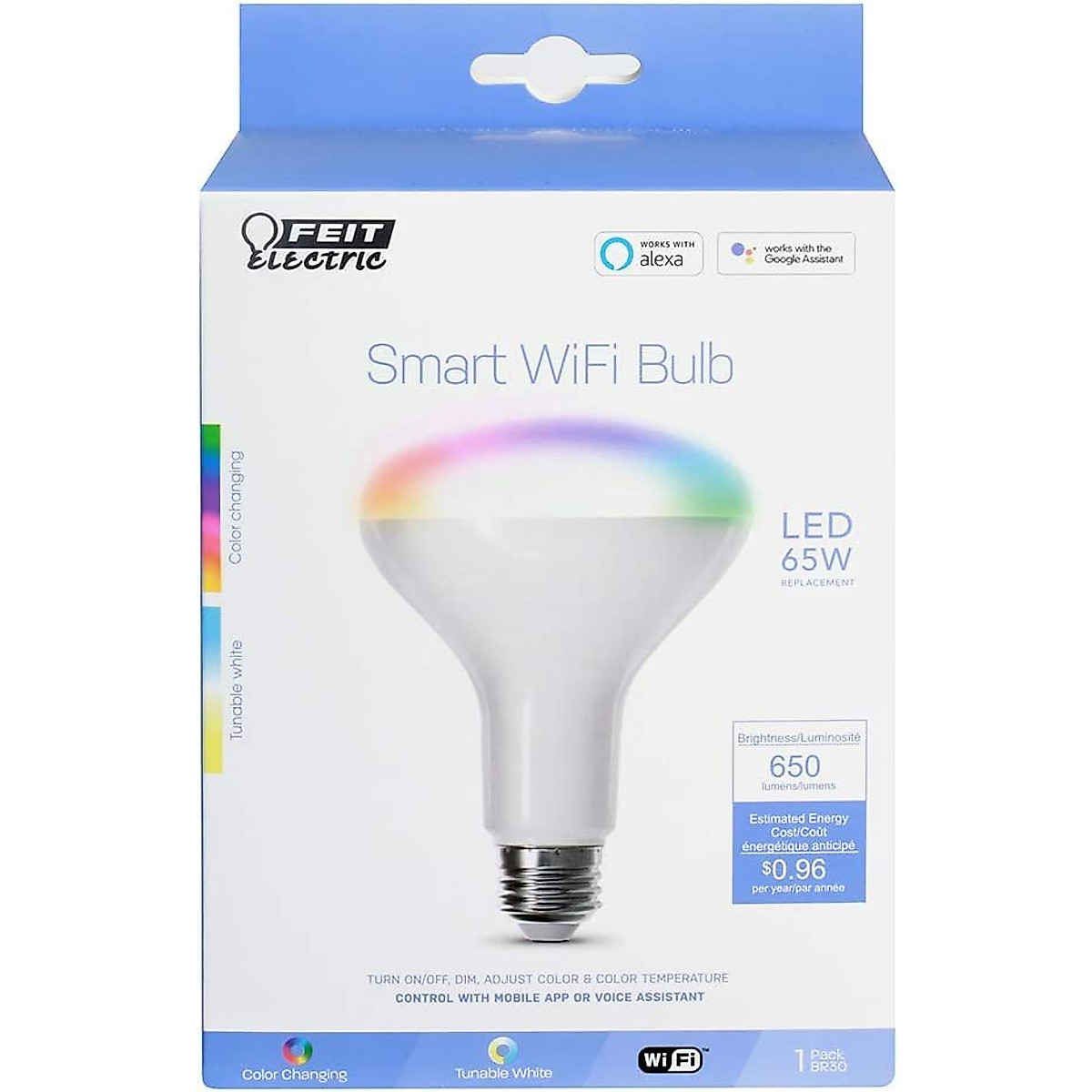 Feit Electric BR30 Smart Flood Light Bulb,2.4GHz WiFi Color Changing and Dimmable, No Hub, Works with Alexa or Google Assistant BR30 Smart LED Light Bulb, BR30/RGBW/CA/AG, 65W