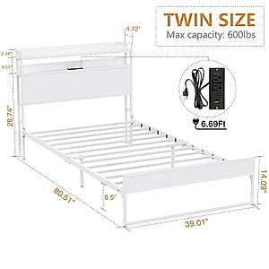 Elephance Twin Bed Frames with Charging Station and Storage Headboard, No Box Spring Needed, Noise Free, Easy Assembly