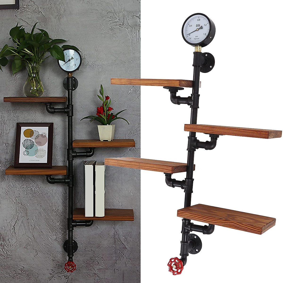 Focket Industrial Pipe Shelving, 31x22in 4 Tiers Retro Wood Wall Shelf Floating Shelves, Wall Mount Bookshelf Industrial Shelf Home Decor for Living Room Bedroom Bathroom Kitchen