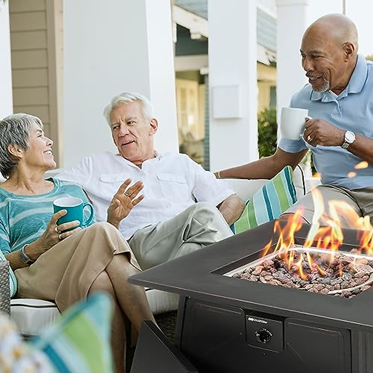 Four Seasons Courtyard Dual Heat 28 Inch Steel Square Gas Outdoor Backyard Tabletop Fire Pit with Lava Rocks and Steel Cover Lid, Black