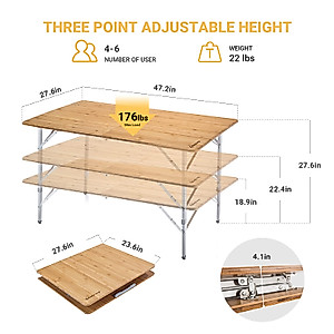 KingCamp Bamboo Folding Camping Table with Adjustable Height Aluminum Legs Heavy Duty 176 lbs Portable for Travel, Picnic, Beach, 6 People, 47.2'' 27.6'' 27.6", 47.2''x27.6'', 4-6 Person