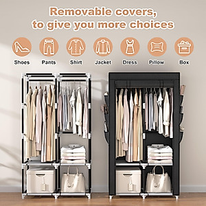 VTRIN Portable Closet Wardrobe Closet for Hanging Clothes with 4 Storage Shelves, 2 Hanging Rods and 6 Pockets, Stable and Easy Assembly Clothes Rack with Cover Free Standing Closet for Bedroom, Black