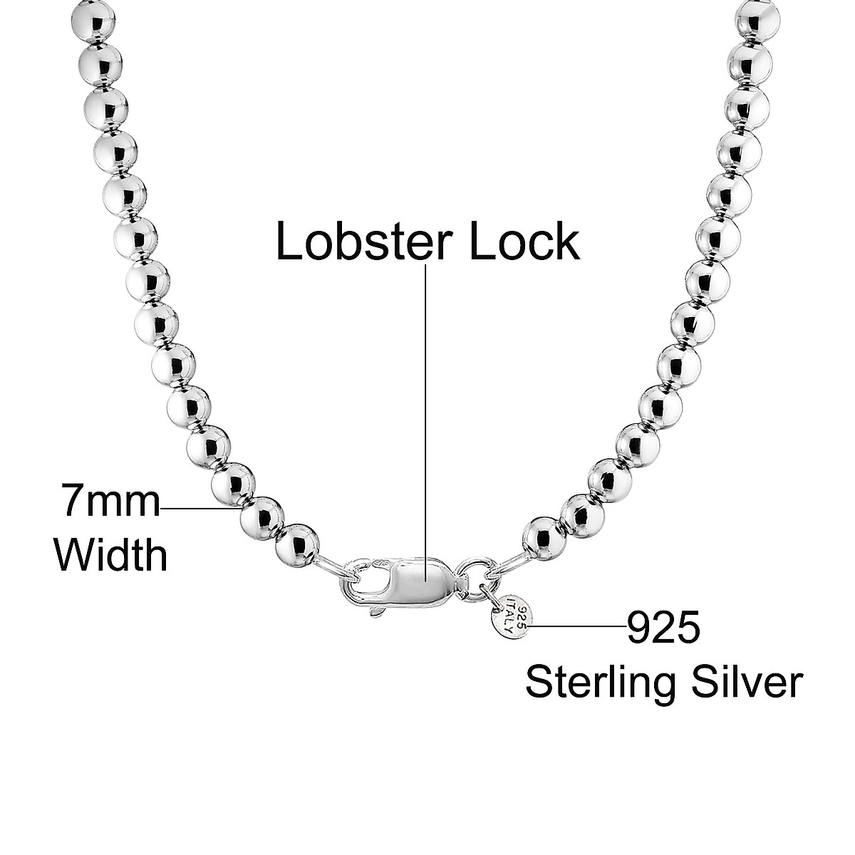 Savlano 925 Sterling Silver 7MM Handmade Bead Ball Strand Chain Necklace For Women - Made in Italy Comes With a Gift Box (20,7mm)