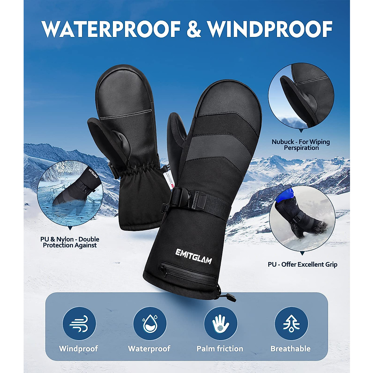 EMITGLAM 2 in 1 Winter Ski Mittens for Men & Women with Fleece Glove Liners, Waterproof Winter Ski Gloves Made with 3M C100 Insulation, 5-Layer Fabric Snowboard Mittens with Touchscreen Inner Gloves