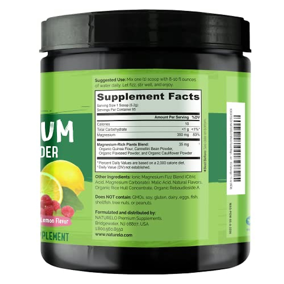 NATURELO Whole Food Magnesium Powder - Supports Stress Relief, Relaxation, Raspberry Lemon Flavor - 85 Servings | 15 oz