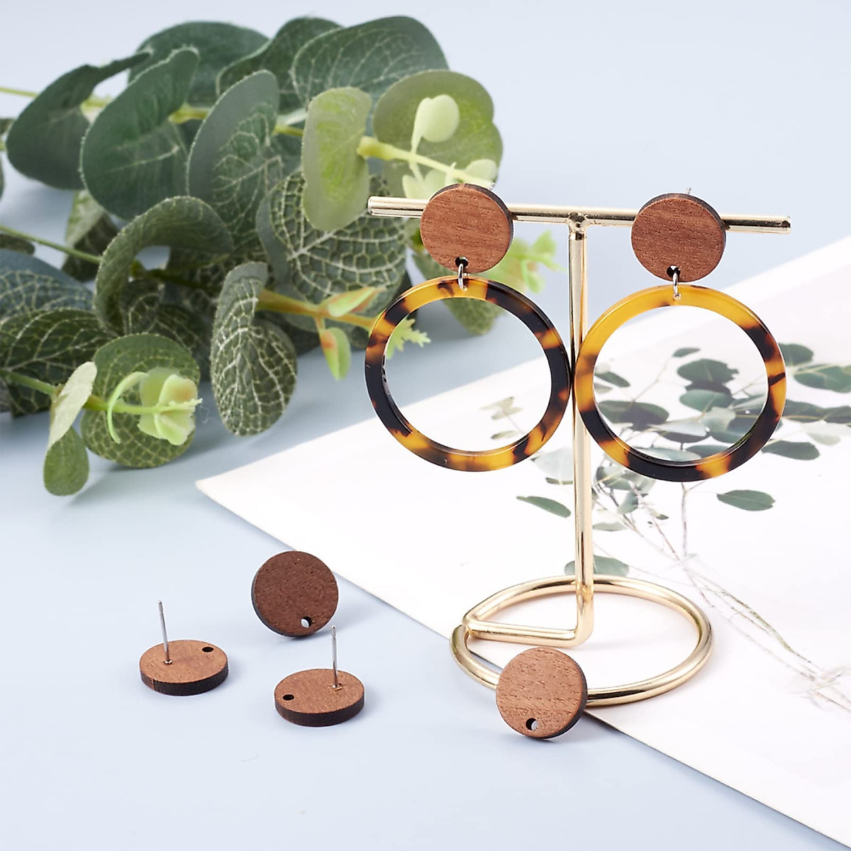 Pandahall 20 Pairs Walnut Wood Flat Round Shape Earring Findings 15mm Coconut Brown Dangle Stud Pendants with 304 Stainless Steel Pin for DIY Wooden Earrings Making