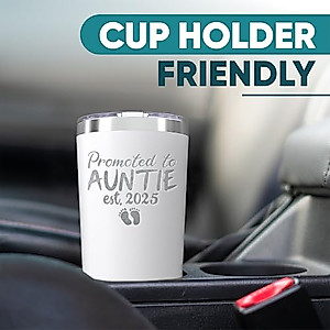 shop4ever Promoted to Auntie Est. 2025 Tumbler Insulated Tumbler 20 oz. with Lid, Stainless Steel Cups Travel Coffee Mug New Aunt Baby Announcement Gift (White)