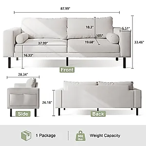 Feonase 88" Sofa Couch, Mid-Century Modern Sofa for Living Room, Loveseat with 4 Side Storage Pockets & 2 Pillows, Heavy-Duty Metal Frame, Beige