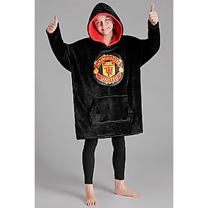Manchester United FC Fleece Hoodie Blanket for Boys Teenagers One Size Kids Oversized Hoodie Man United Gifts for Boys (Black)
