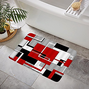 YOZSLGU Abstract Geometric Bath Mat Modern Red Gray Black White Mid Century Minimalist Fashion Memory Foam Bathroom Kitchen Rug, 15.7 x 23.6 Inch