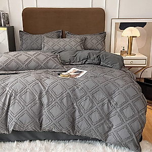 MorroMorn 5 PCS Boho Bedding Sets, Textured Duvet Cover Set, Tufted Comforter Covers, Diamond Jacquard Soft Breathable Neutral for Men Women Bed All Seasons (Grey, King/California King)