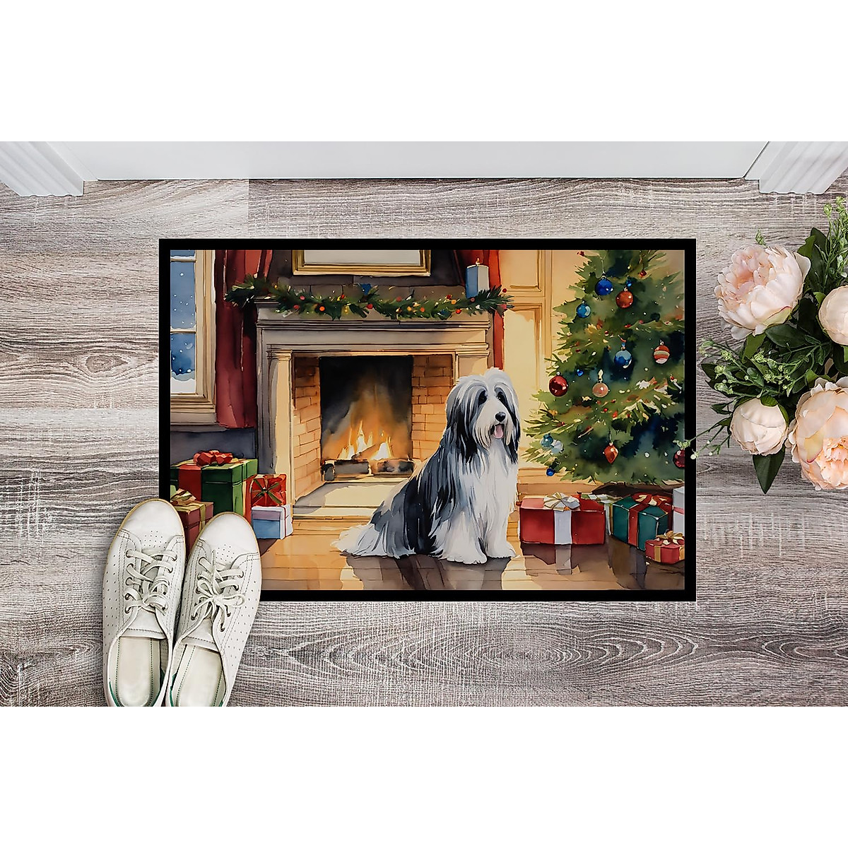 Caroline's Treasures DAC2605MAT Bearded Collie Cozy Christmas Doormat Front Door Mat Indoor Outdoor Rugs for Entryway, Non Slip Washable Low Pile, 18H X 27W