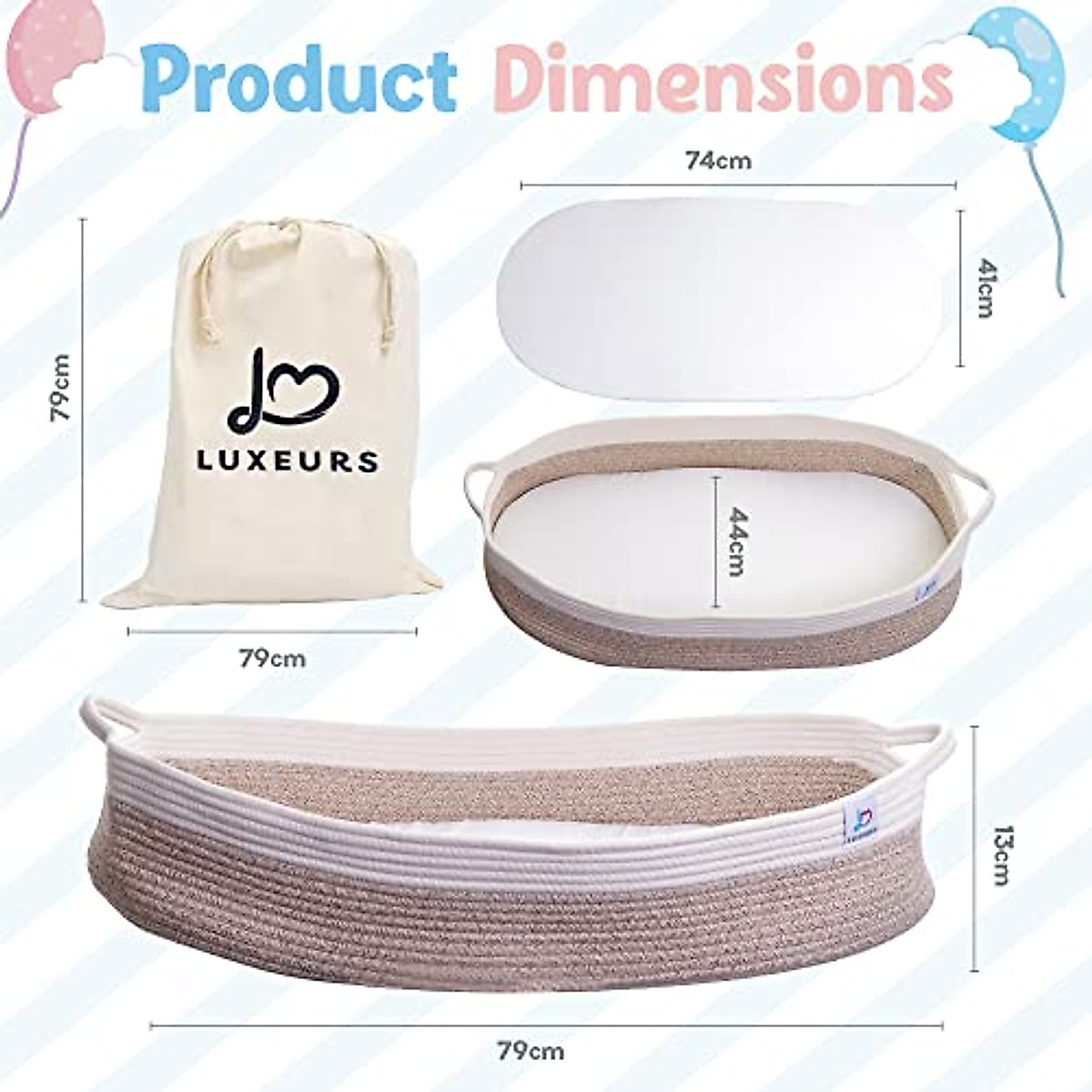 LUXEURS Diaper Changing Basket - Shelf Basket - Extra Large in Size - Cotton Rope Changing Table Topper Storage Basket, Thick Foam Pad with Removable Cotton Cover - Storage Bag