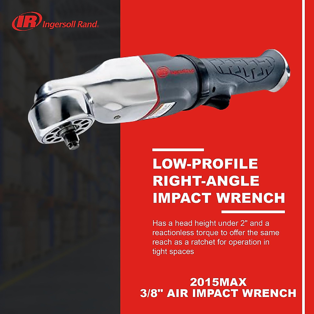 Ingersoll Rand 2015MAX 3/8" Pneumatic Air Impact Wrench, Right Angle, Low Profile 2” Hammerhead, 180 ft lbs Max Torque, 7,100 rpm, Two-Position Power Regulator, Gray