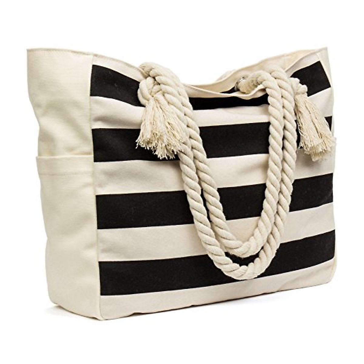 Malirona Large Beach Travel Tote Bag Canvas Shoulder Bag with Cotton Rope Handle (Black Stripes)