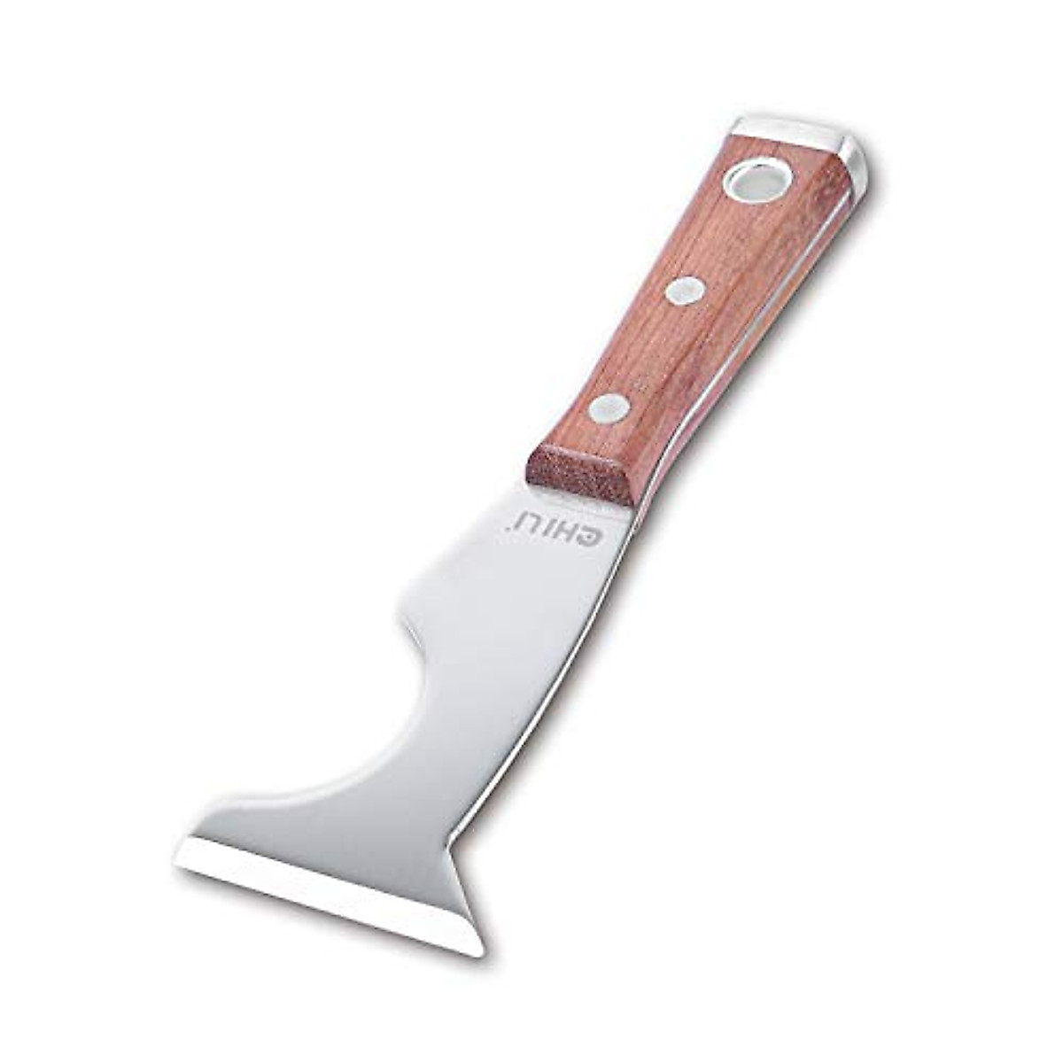 CHILI TOOLS Stainless Steel 5 in 1 Painters Tool with Wood Handle and Metal Hammer End, Made in Taiwan | Spackle Caulk Remover | Roller Cleaner | Putty Knife | Wallpaper Scraper | Can Bottle Opener