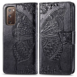 KRHGEIK Designed for Samsung Galaxy S20 FE Case Wallet,Women Flip Cover with Butterfly Embossed PU Leather Kickstand Credit Card Holder Slots Magnetic Wrist Strap Phone Case (Black)