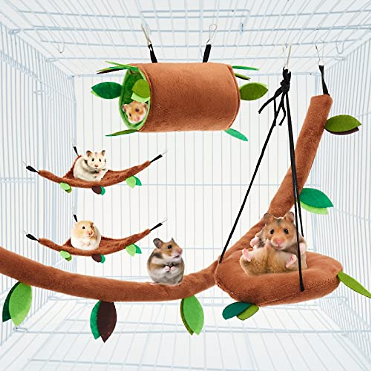Befirys 5PCS Hamster Hammock Small Animals Hanging Warm Bed House Rat Cage Nest Accessories Toy Hanging Tunnel and Swing for Sugar Glider Squirrel Playing Sleeping,Brown