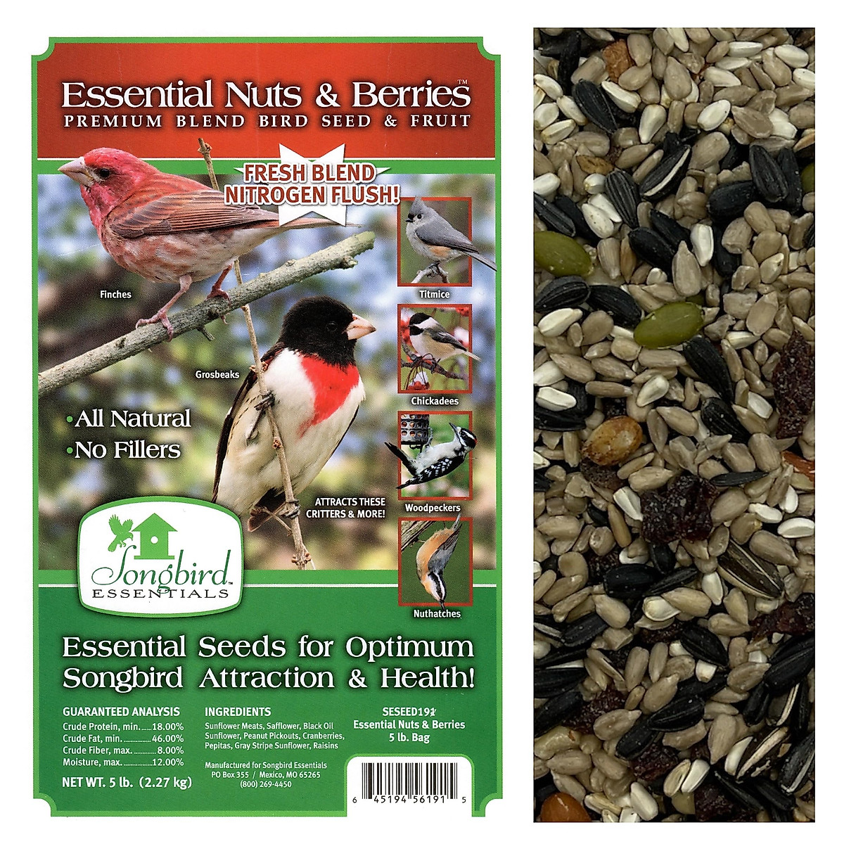 Songbird Essentials Wild Bird Food, Essential Nuts and Berries Premium Blend Bird Seed, Nuts and Fruit, 5 Pound Bag, Nitrogen Flushed