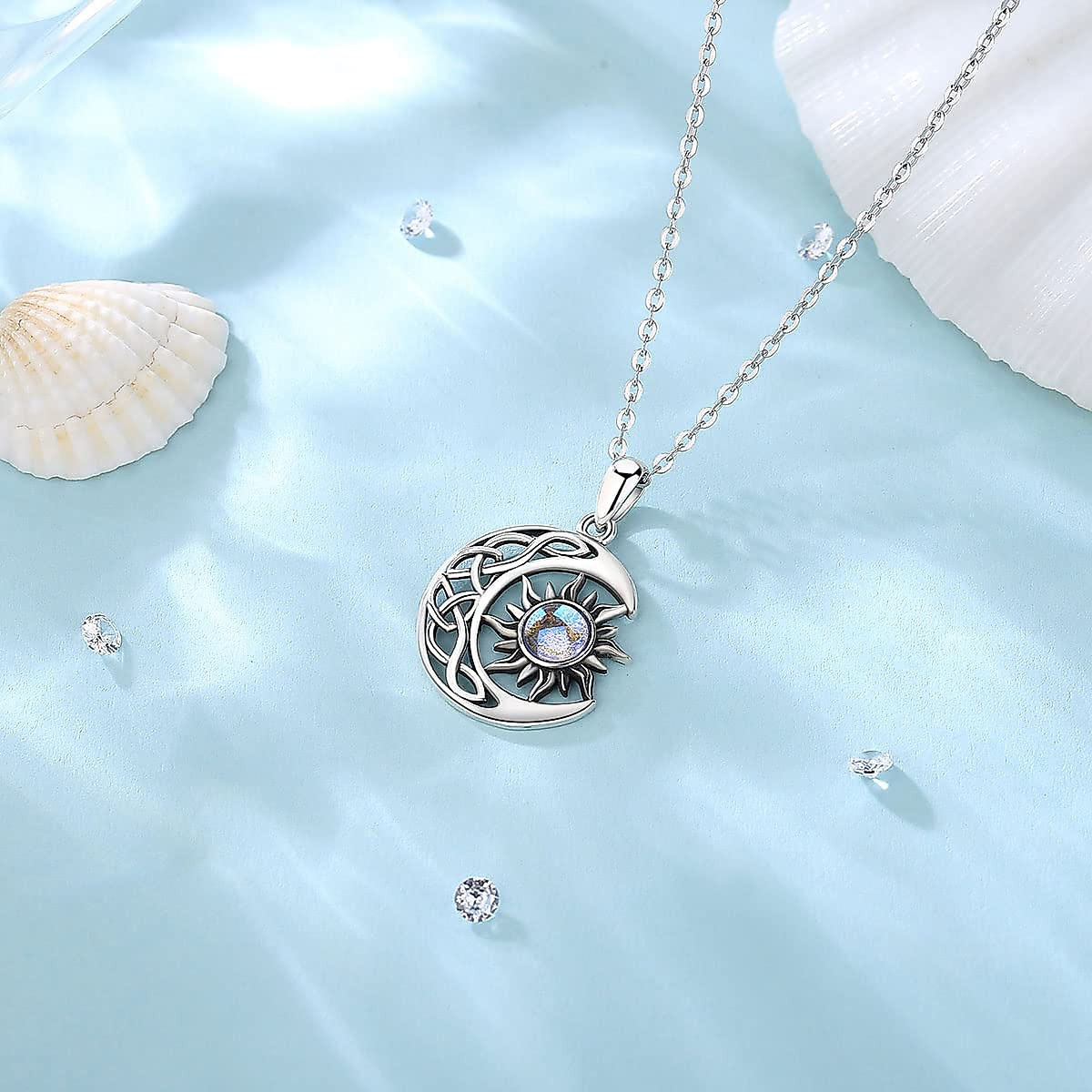 Vito Celtic Moon and Sun Necklace for Women, Sterling Silver Vintage Crescent Pendant Oxidized Moonstone Jewelry Gift for Wife, 18 Inch Chain