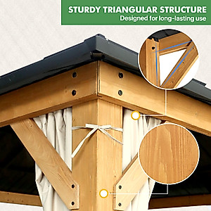 EAGLE PEAK 13x15 Hardtop Gazebo, Galvanized Steel Double Roof Gazebo with Cedar Wood Frame, Outdoor Pavilion with Netting and Curtains for Patio, Deck, Lawn and Garden, Natural Wood/Black