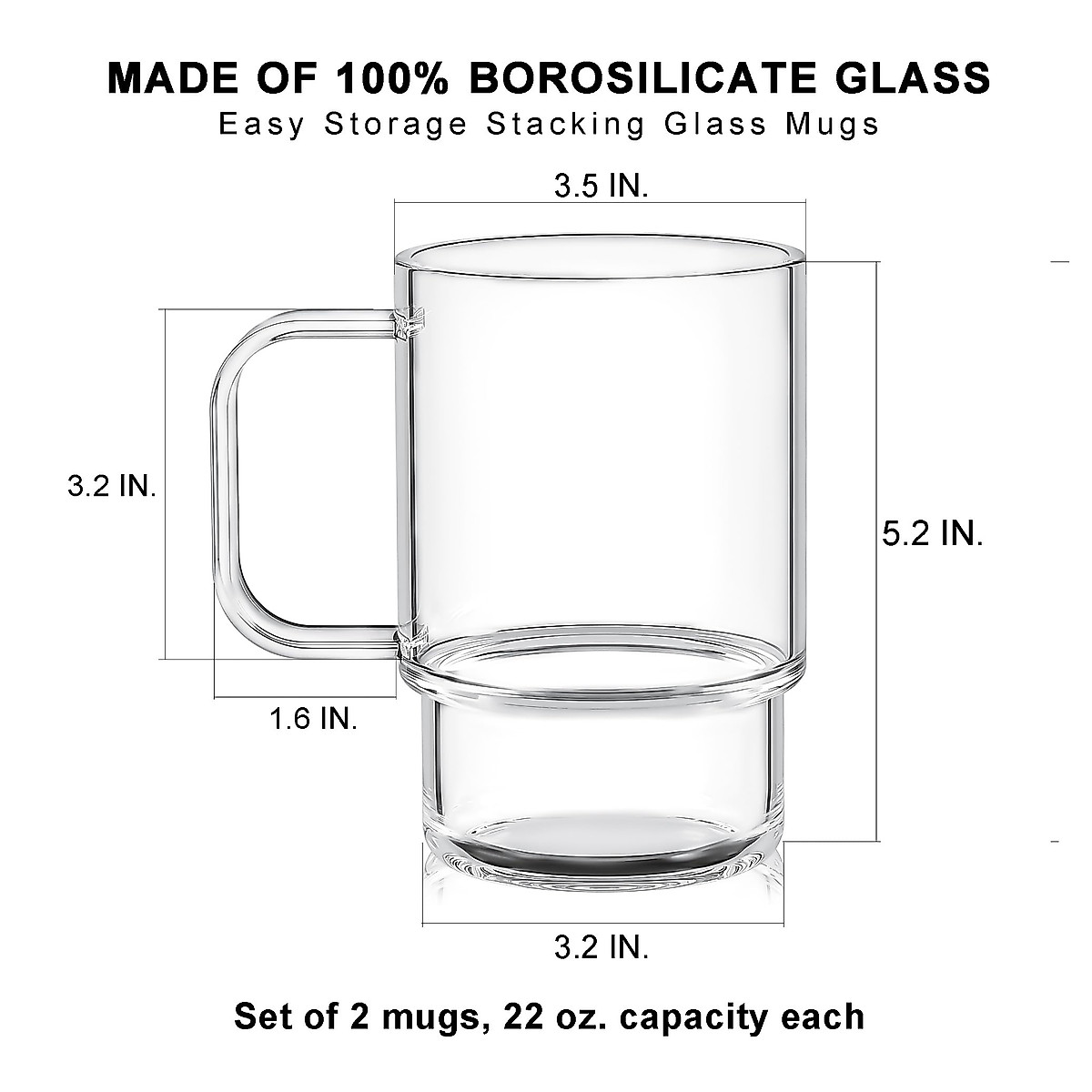 Aquach Glass Mug 22 Ounces 2pcs Stackable Clear Coffee Tea Juice Cup Drinking Glasses