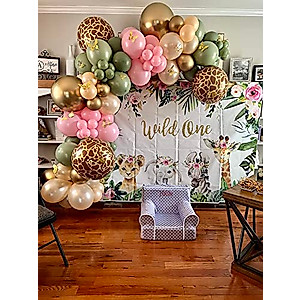 Mocsicka Girl Wild One Backdrop Jungle Safari Animals 1st Birthday Vinyl Photo Background 7x5ft Gold Wild One Birthday Banner Backdrops for Girls Cake Dessert Table Decorations