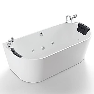 Whirlpool Bathtub 59 in. Acrylic Freestanding Bath Tub Hydromassage Gracefully Oval Shaped 8 Water Jets Soaking SPA, Double-Ended Massage Bathtubs with Two Black Pillow , White
