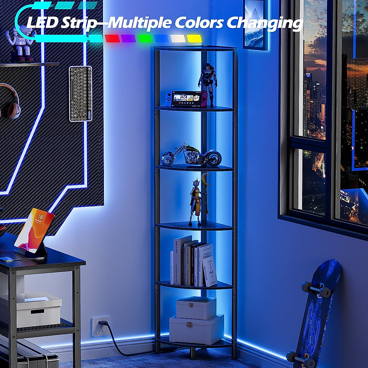 Furnulem 6 Tier Corner Shelf with LED Light, 67.5” Tall Standing Shelf Organizer, Black Narrow Bookshelf with Storage Rack for Wall Corner, Living Room, Bedroom, Metal Frame, Wood Display Shelf