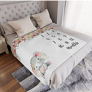 Elephant Baby Monthly Milestone Blanket with Head Bow, Floral Pink Newborn Month Blankets Girl, Track Months Photo Prop Growth Mat, Nursery Swaddling Wrap, Infant Photography (50"x40", Minky)
