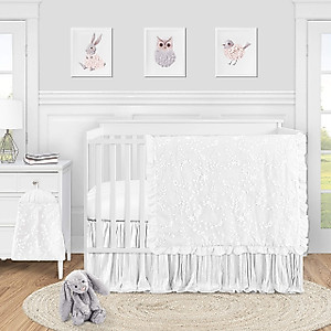 Sweet Jojo Designs White Floral Vintage Lace Baby Girl Nursery Crib Bedding Set - 4 pieces - Solid Crinkle Crushed Velvet Luxurious Elegant Princess Boho Shabby Chic Luxury Glam Flower Boutique Ruffle