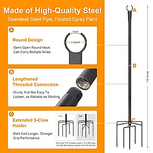 String Light Poles for Outside, 2 Pack 9ft 5 Prong Base Poles for Outdoor String Lights with Hooks- Garden, Backyard, Patio Light Poles for Wedding Party Deck Christmas