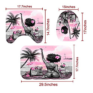 4Pcs American African Black Girl Shower Curtains Sets with Rugs for Bathroom Non-Slip Rugs and 12 Hooks, Bath Mat and Toilet Lid Cover ,Pink Beach Black Girl Bathroom