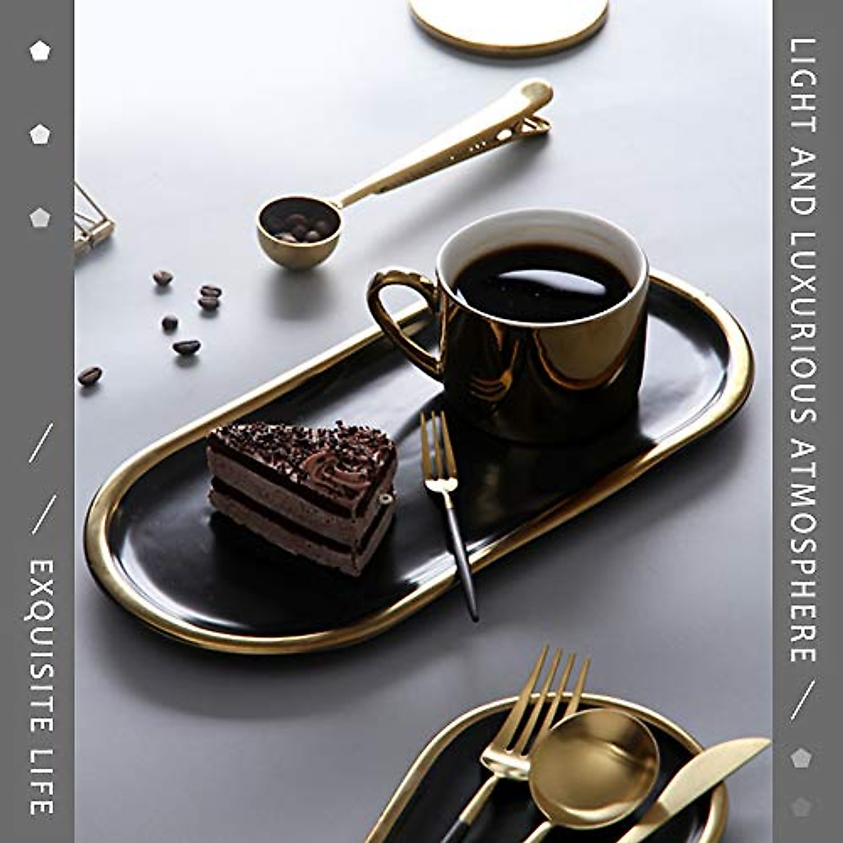 Ceramic Tray Marble Style, Roucerlin Golden Edge Jewelry Dish Tray, Dresser Vanity Decorative Tray Dessert Plate Storage Tray Tea Coffee Cake Fruit Tray Cosmetics Ring Organizer (Black)