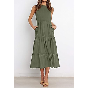 ZESICA Women's Summer Casual Sleeveless Crew Neck Smocked High Waist Flowy Tiered A Line Midi Dress,ArmyGreen,Medium