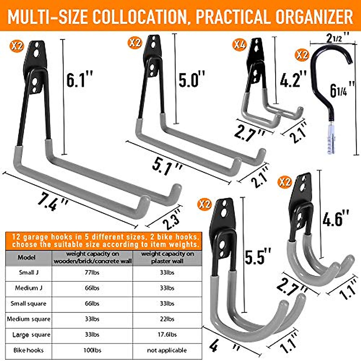 Garage Hooks, 14 Pack Heavy Duty Garage Storage Hooks Wall Mount Utility Hook Steel Double Tool Hangers with Bike Hooks for Hanging and Organizing Ladder Bicycle Stroller, Garden Tools, Bulk Items
