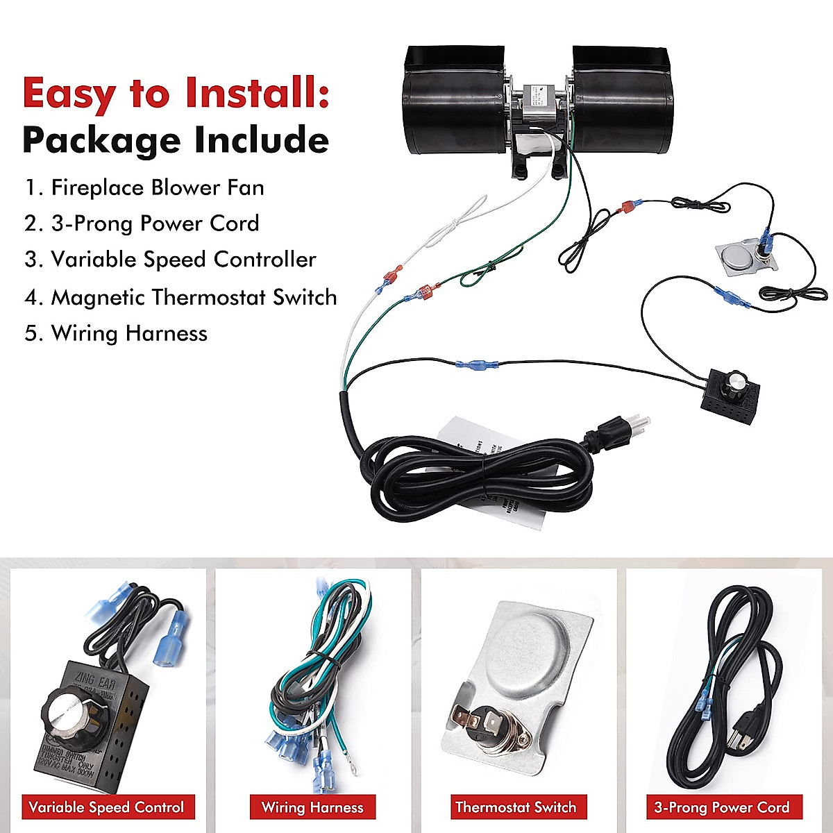 GFK160 GFK-160A Fireplace Blower Fan Kit for Quadrafire, Heat N Glo 6000CLX SL-550TR, Hearth and Home DV3732 DV3732-B, Heatilator, Fasco, Superior, GTI, Jakel, Royal, Nordica, Regency, Rotom Fireplace