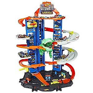 Hot Wheels Toy Car Track Set City Ultimate Garage Moving T-Rex Dinosaur, 100+ 1:64 Scale Vehicle Storage, 3-Ft Tall, 2 Toy Cars