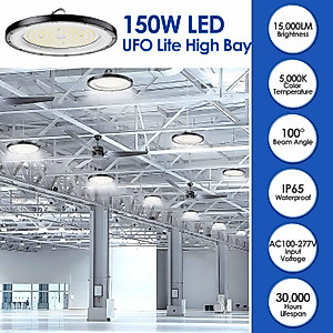 EdisonPar LED High Bay Light ECO 150W 10-Pack, 12' UFO Ceiling Lighting Fixture w/Plug for Garage Shop Warehouse Workshop 5000k 15000lm Non-dimmable IP65 (Count of 10 White)