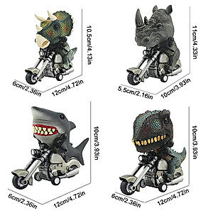 Dino Toys 4PCS Friction Powered Inertia Animal Motorcycle Toy Vehicle Gifts for Kids Boys Age 3,4,5,6,7,8Shark Toy Car ，Special Rhino Toy ，Dinosaur Motorcycle Game T-Rex and Triceratops Monster.