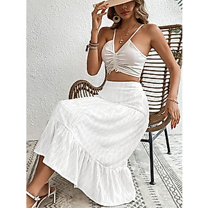 Verdusa Women's Elastic High Waist Ruffle Hem Solid A Line Flowy Midi Skirt White M