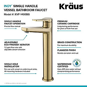 KRAUS Indy Single Handle Vessel Bathroom Faucet and Pop Up Drain in Brushed Gold, KVF-1400BG-PU-10BG