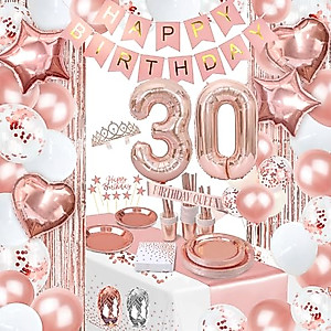 Party spot! 255 Pcs 30th Birthday Party Decorations For Women girls, Rose Gold Birthday Party Decorations Supplies, Balloon Stand Kit, Tableware Kit,Pump, Banner, Tassel Curtain, For 25 Guests