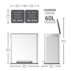 FrysKy 16 Gallon Trash Can, 8 Gallon Dual Compartment Step On Kitchen Trash Can, Stainless Steel
