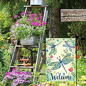 Spring Garden Flag with Welcome Quote , Burlap Double Sided Dragonfly Flower Yard Flags, Garden Flag Rustic Farmhouse Yard Outdoor Decoration (Dragonfly)