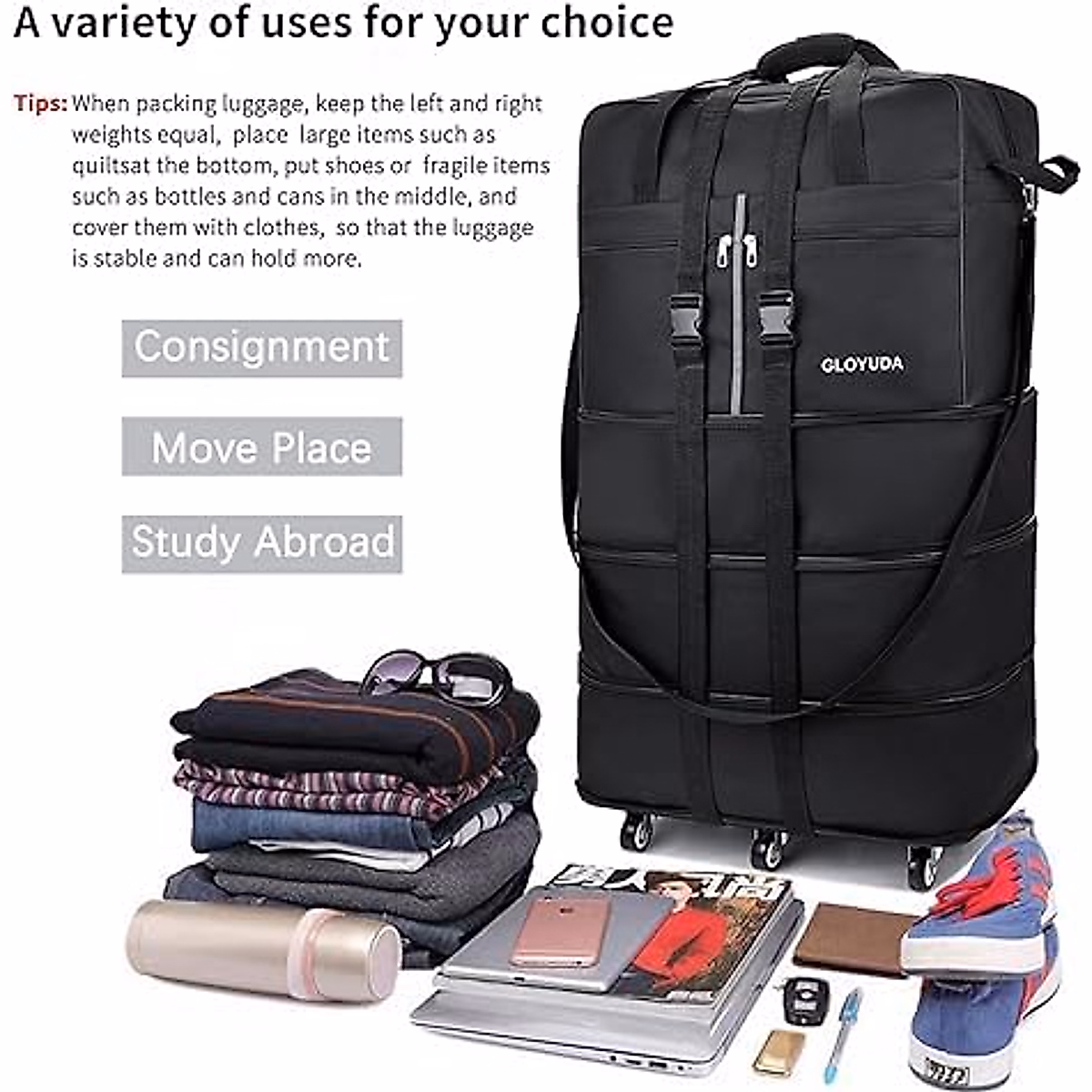 Gloyuda Expandable Foldable Luggage, 36'' Suitcase With Spinner Wheels, Rolling Duffel Travel Bag, Collapsible Luggage, With 2 Luggage Handle Wrap and 2 Fixing Straps, 1 Shoulder Strap (Black)