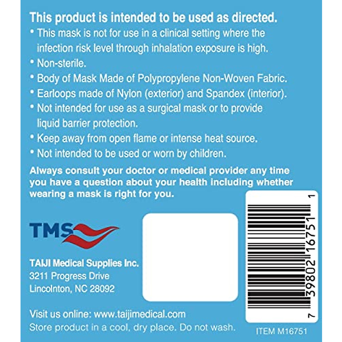 TMS Consumer Series 3-Layer Face Mask, F3502 Tested 96%, Disposable, Single-Use, 50-Count, Made in USA, Breathable, Soft, Hypoallergenic, Premium Meltblown, Latex-free