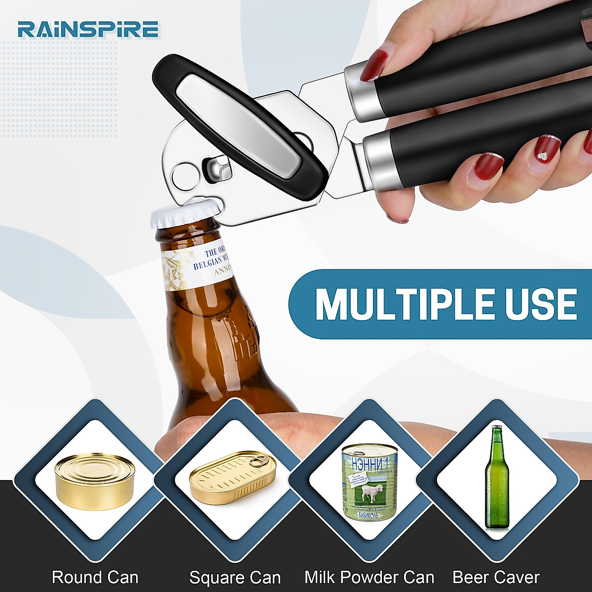 Rainspire Can Opener Manual Handheld Strong Manual Can Opener Smooth Edge Cut, Can Opener Heavy Duty, Comfortable Soft Handle, Built-in Bottle Opener, Black